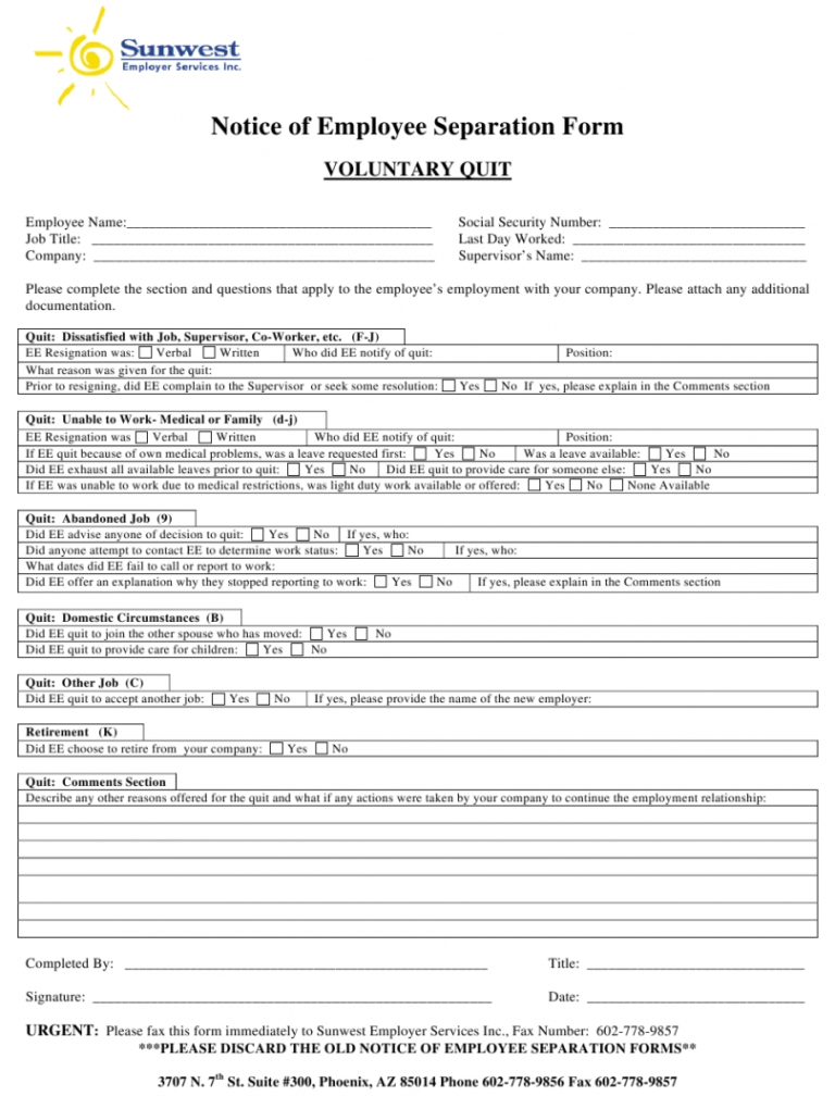Editable Employment Separation Notice Template PDF Sample - Tacitproject