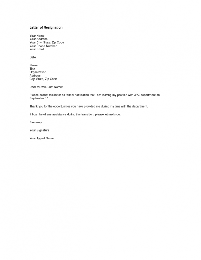 Printable Notice Of Resignation Letter Template Word - Tacitproject