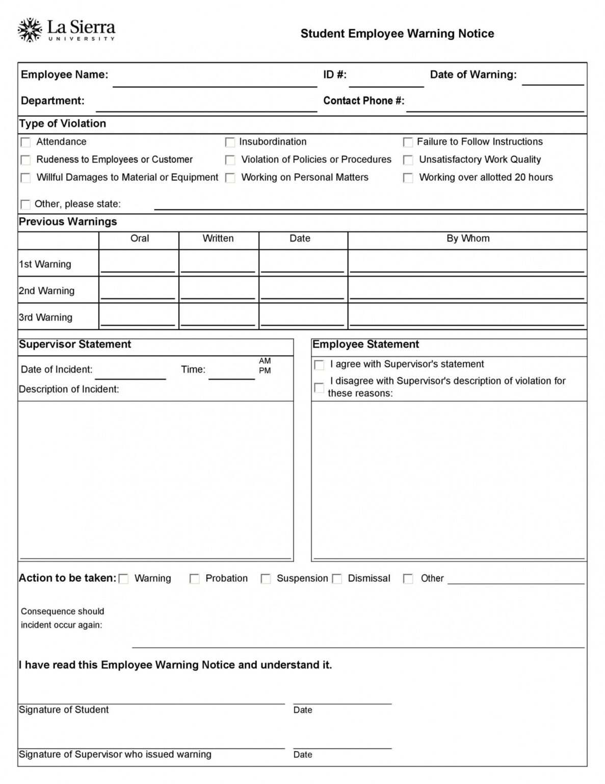 Printable Employee Warning Notice Form Template PDF Example - Tacitproject
