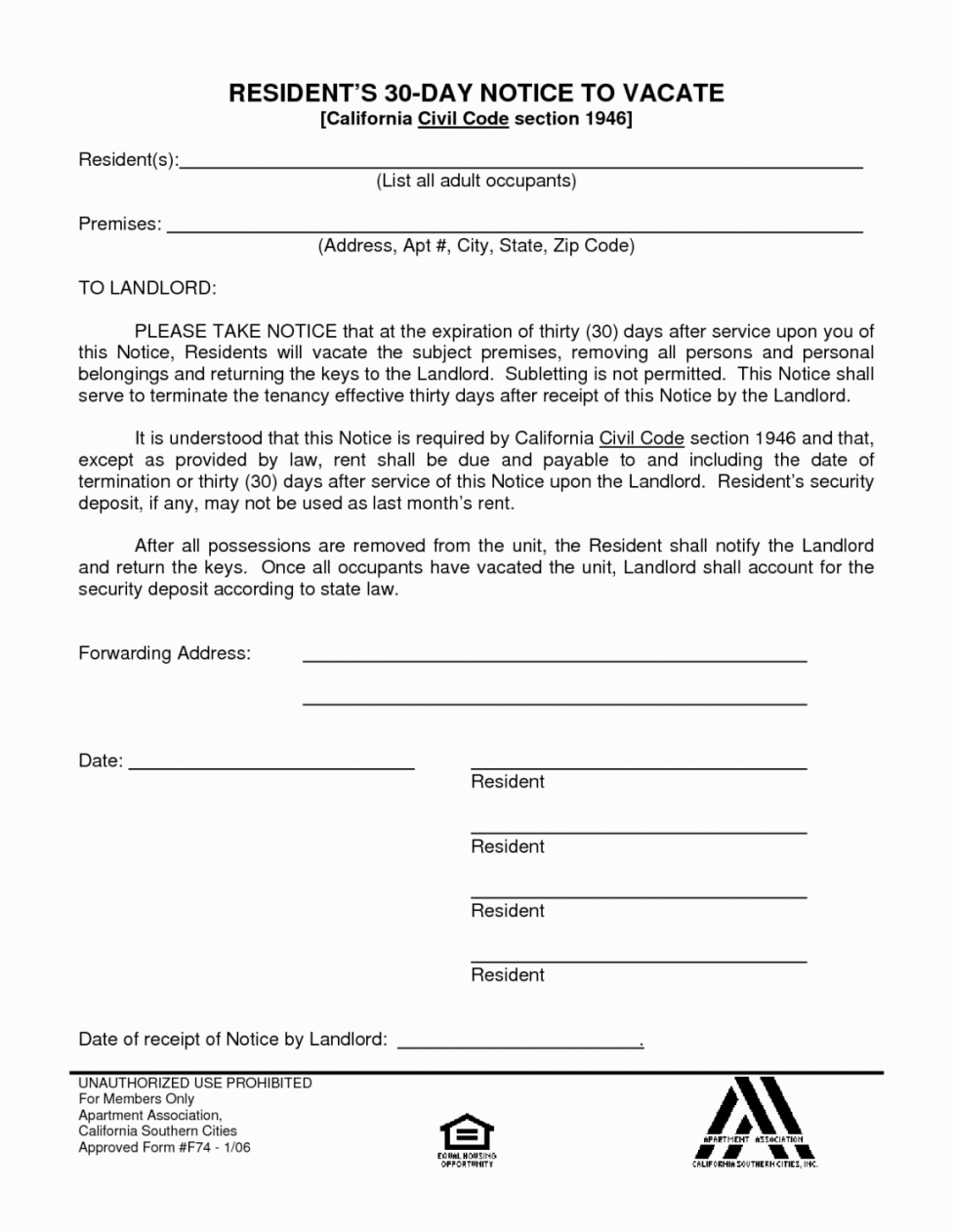 Template For 30 Day Notice By Tenant
