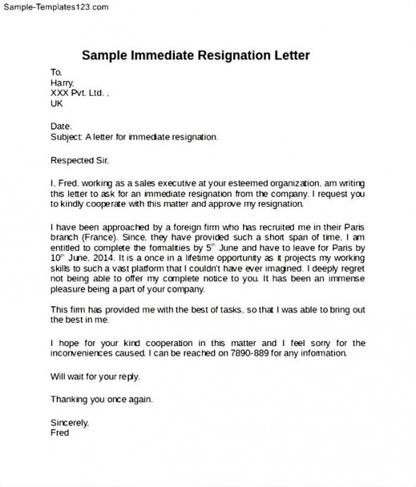Costum Resignation Letter With Immediate Effect No Notice Template 