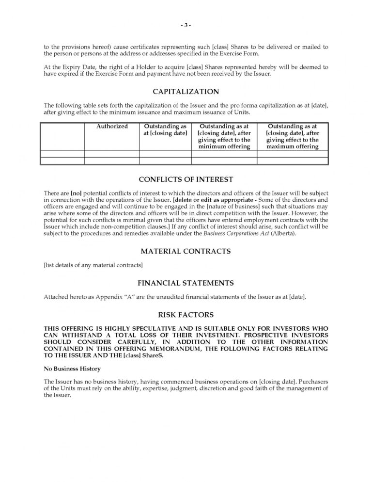 Offering Memorandum Template Excel Sample - Tacitproject