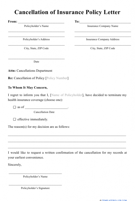 Insurance Cancellation Notice Template PDF Example Tacitproject
