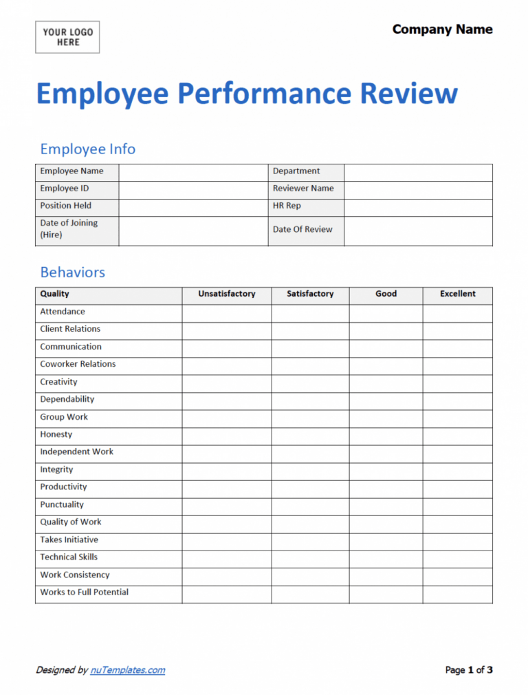 7 Printable Employee Monthly Performance Report Template Excel ...