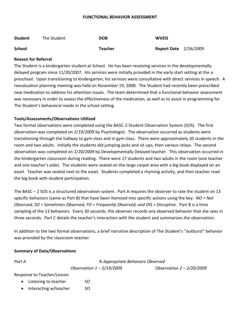 Functional Behavior Assessment Report Template Functional Behavior Assessment Report Template