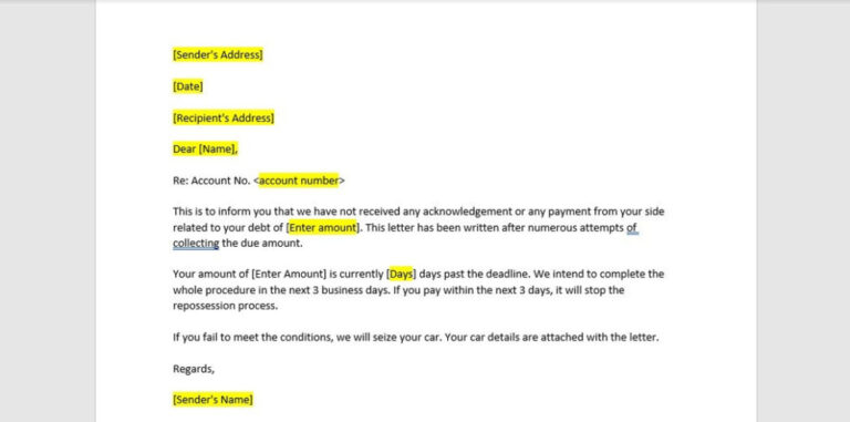 Free Blank Notice Of Vehicle Repossession Letter Template - Tacitproject