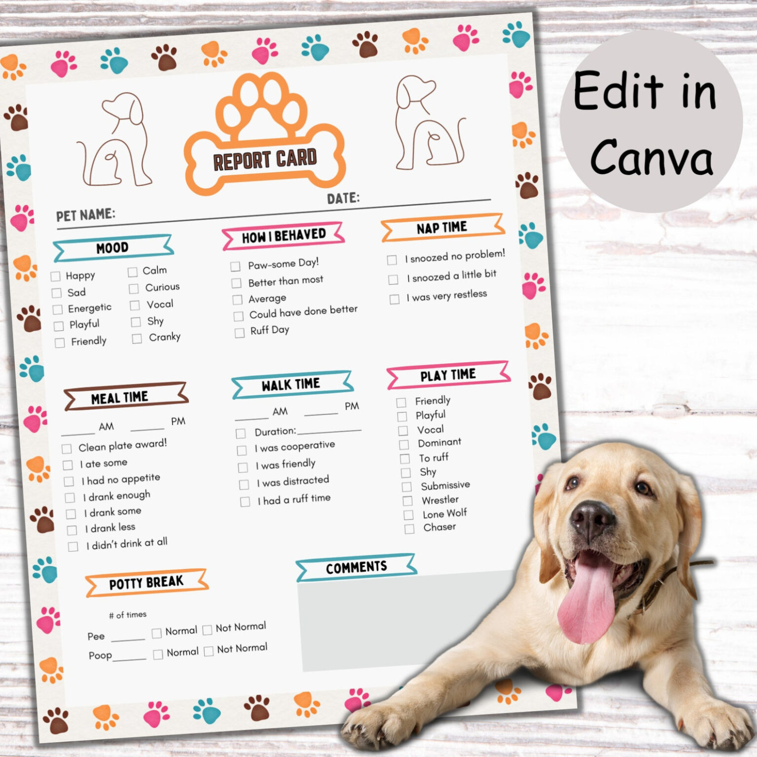 Free Printable Dog Boarding Report Card Template Excel - Tacitproject