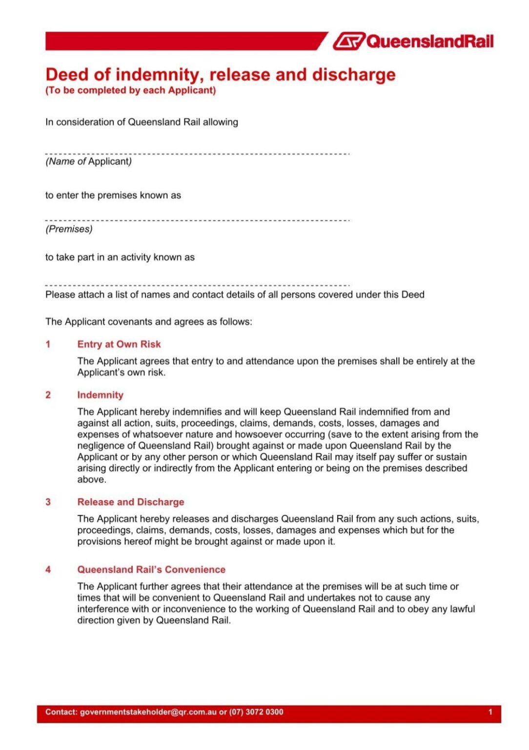 Editable Deed Of Indemnity Release And Discharge Queensland Rail ...