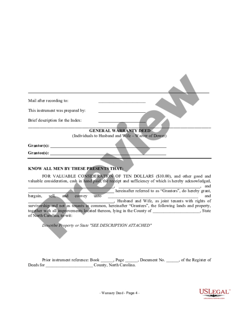 North Carolina General Warranty Deed Template