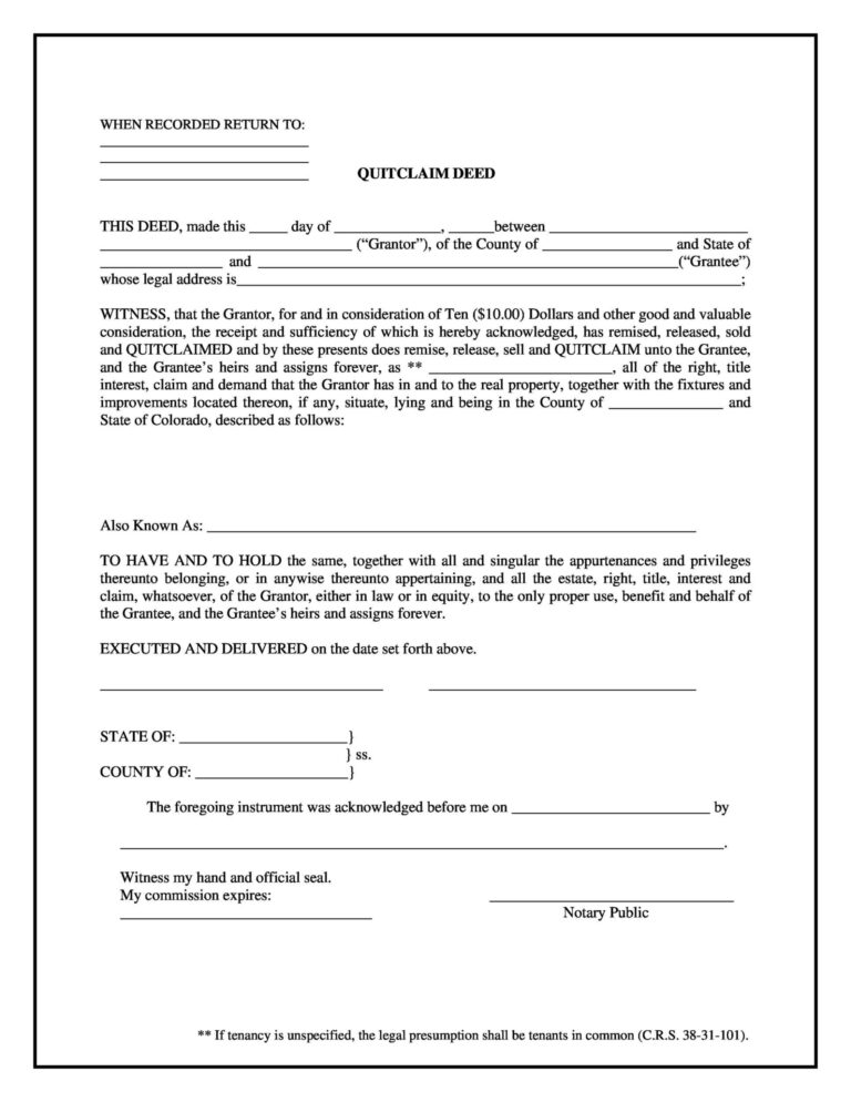 Printable 46 Free Quit Claim Deed Forms & Templates Templatelab ...