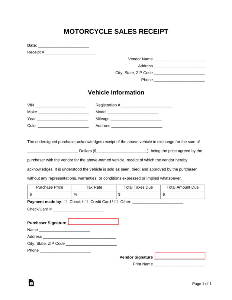 Sample Free Motorcycle Sales Receipt Template Pdf Word Eforms ...
