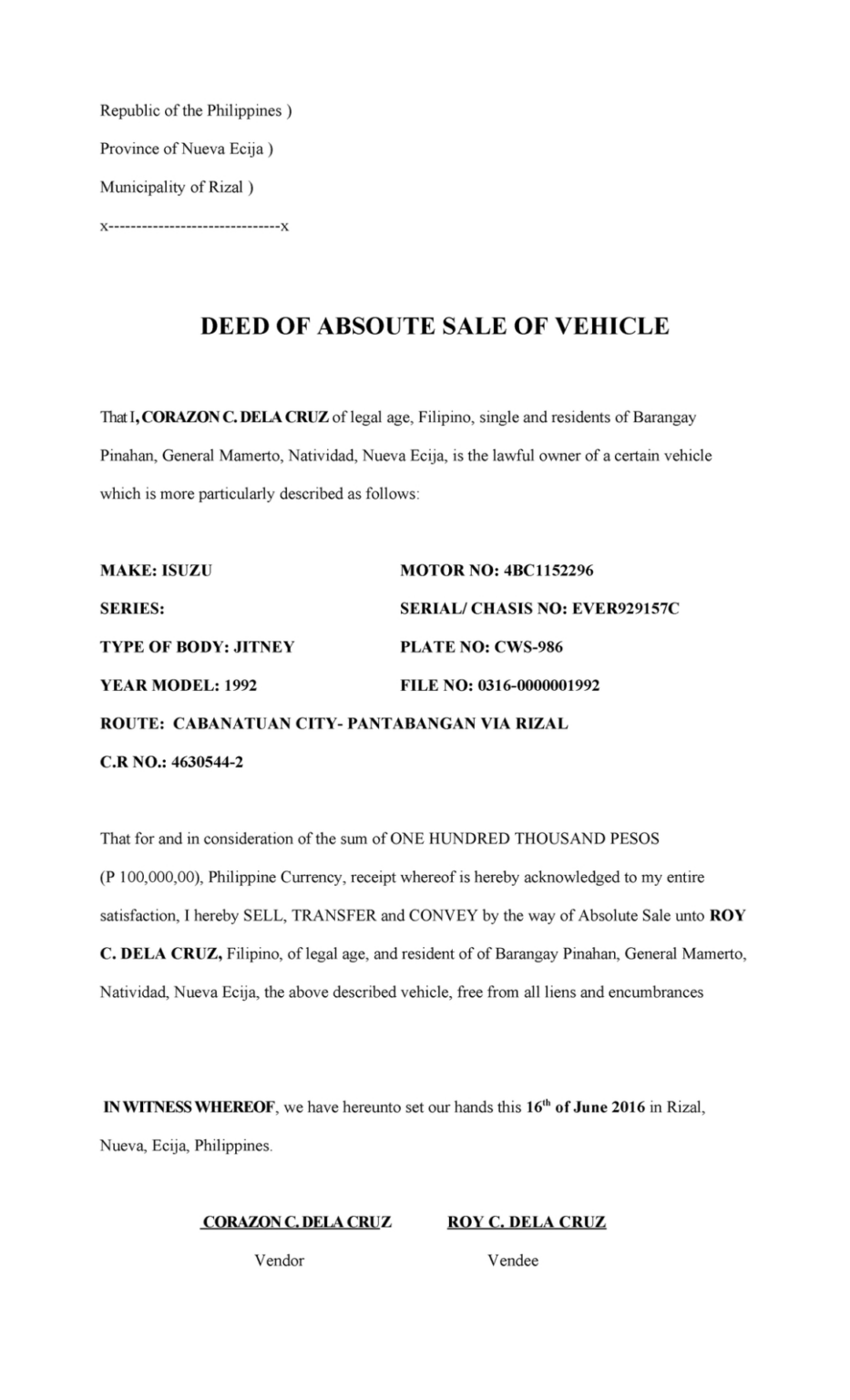 Sample Deed Of Sale Motor Dos Republic Of The Philippines Province Of ...